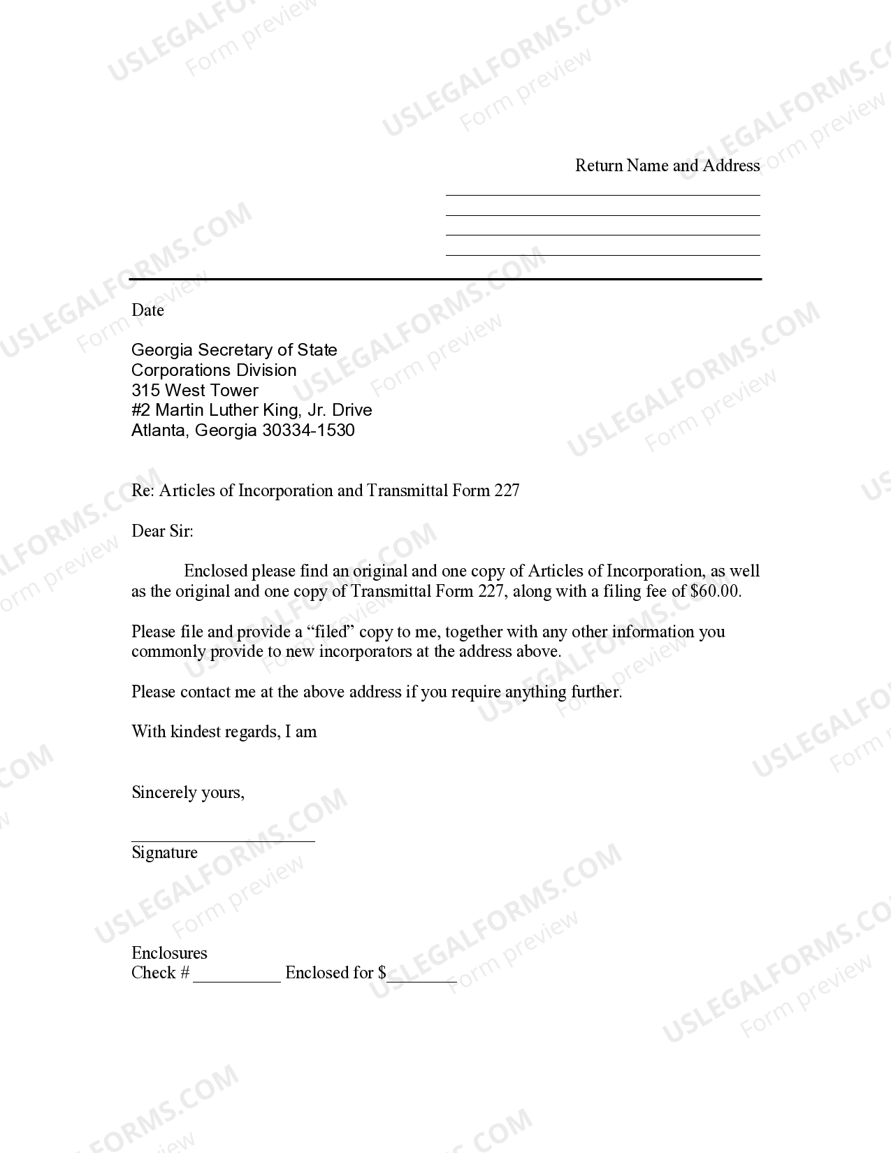 Sample Transmittal Letter to Secretary of State's Office to File ...