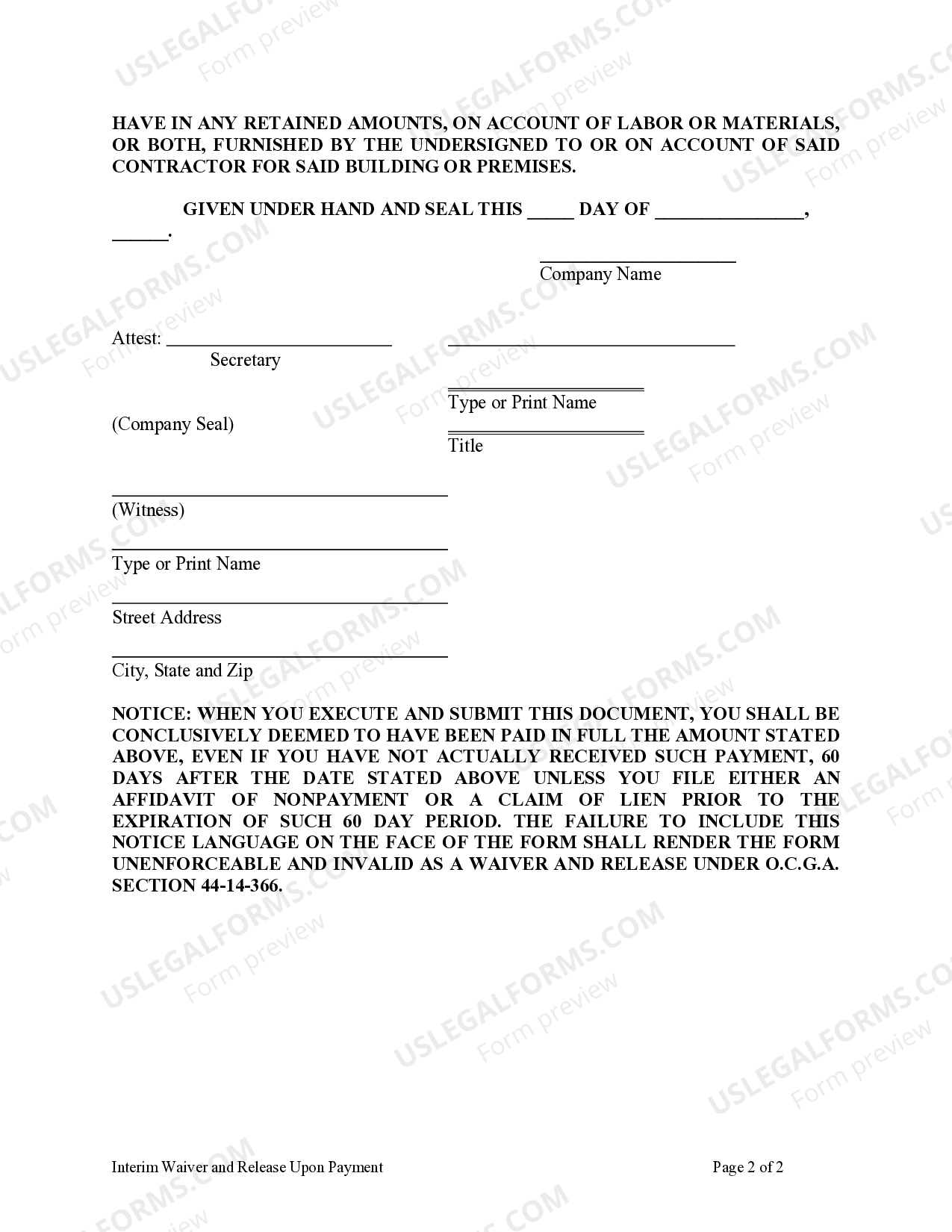 Georgia Interim Waiver and Release Upon Payment Sect. 44-14-366 - Ga ...