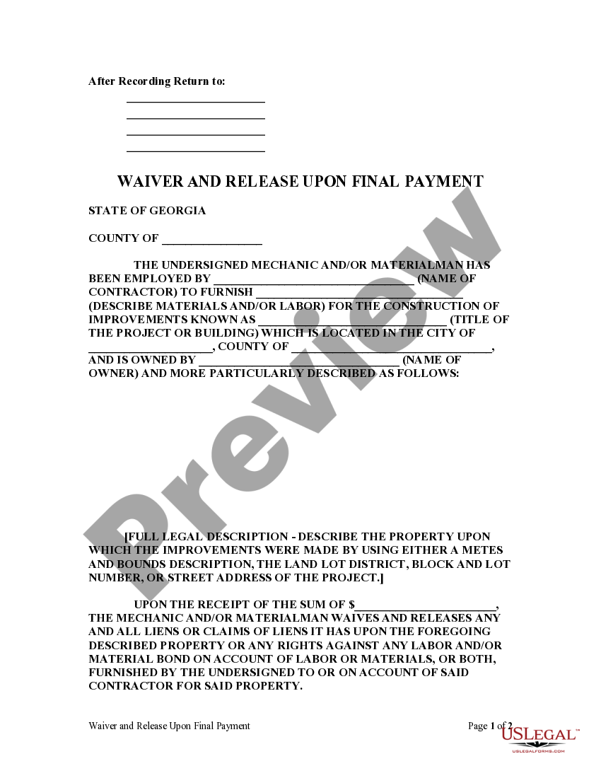 Fulton Georgia Unconditional Waiver And Release Upon Final Payment Sect 