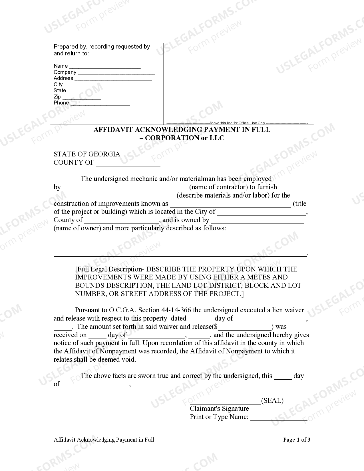 Georgia Affidavit Acknowledging Payment in Full - Affidavit Of Service ...