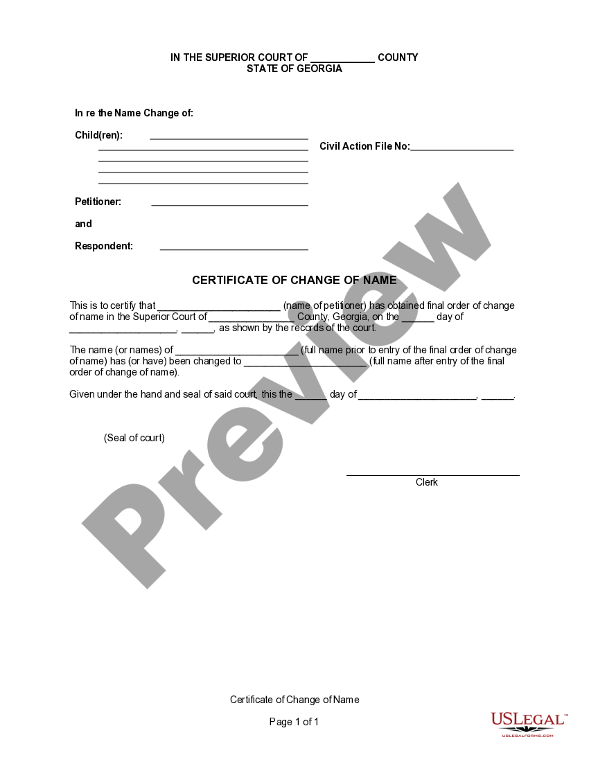 Georgia Certificate Of Change Of Name For Minor US Legal Forms
