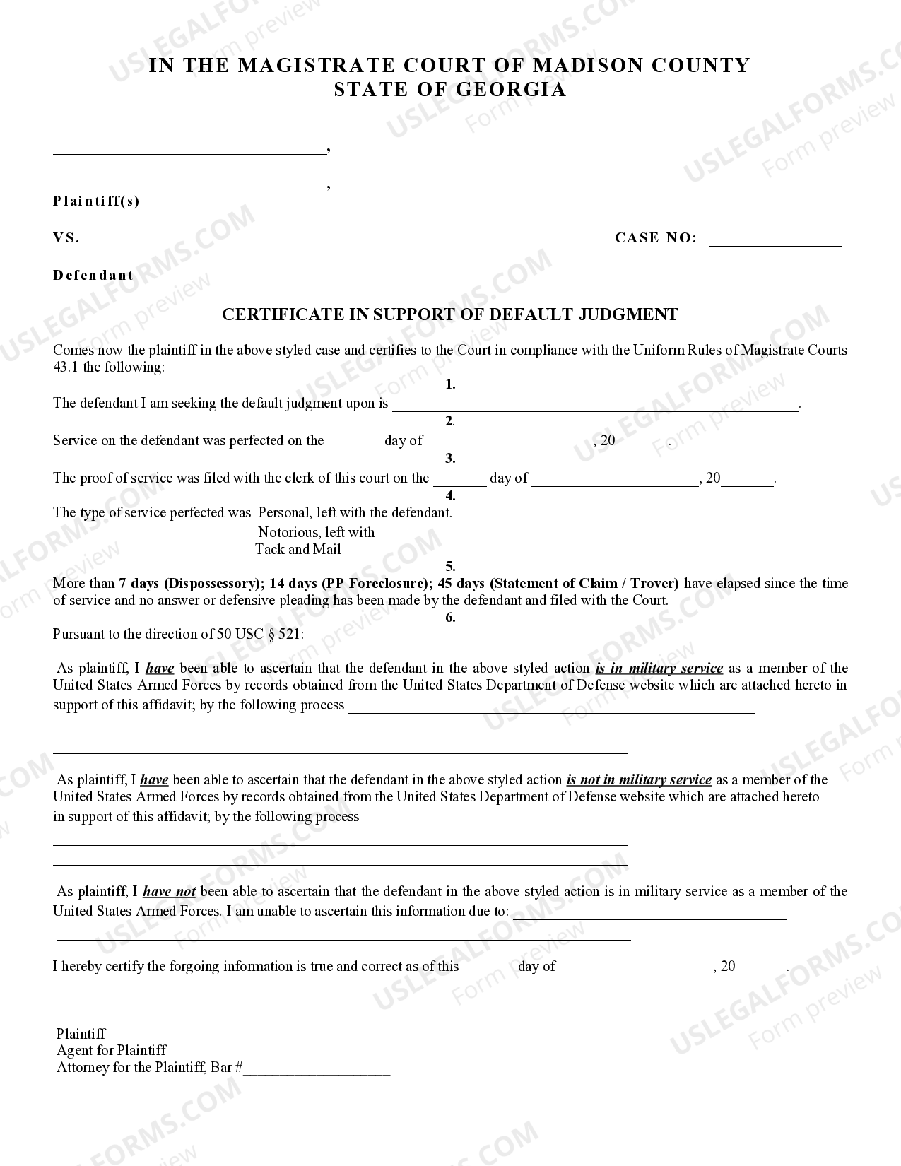 Georgia Certificate in Support of Default Judgment | US Legal Forms
