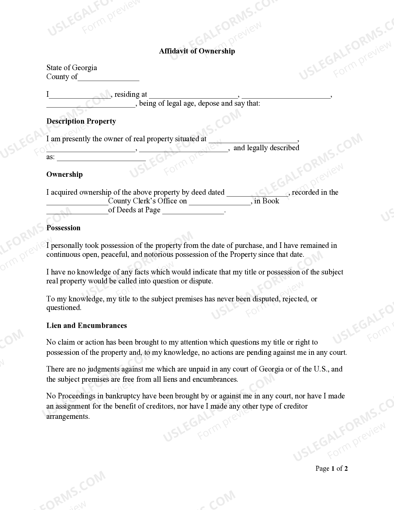 Georgia Affidavit of Ownership | US Legal Forms