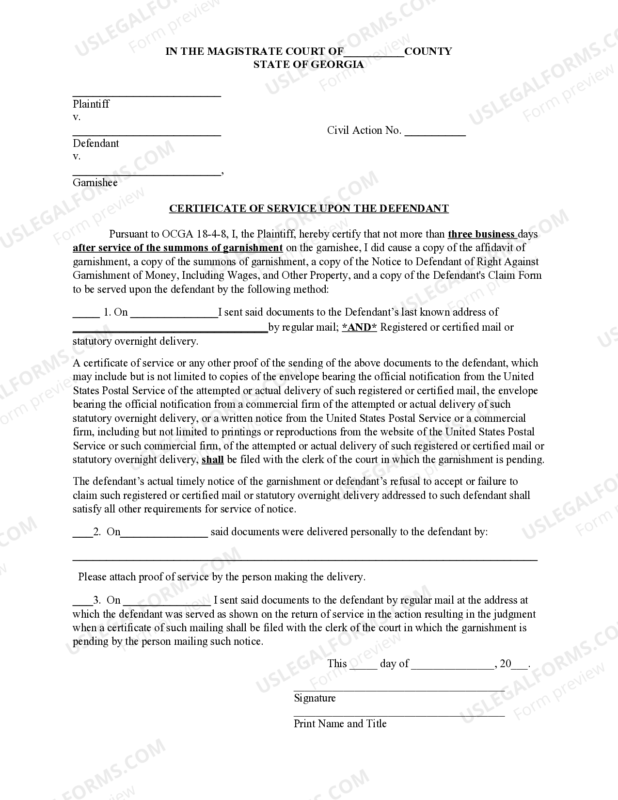 Affidavit of Garnishment State of Georgia | US Legal Forms
