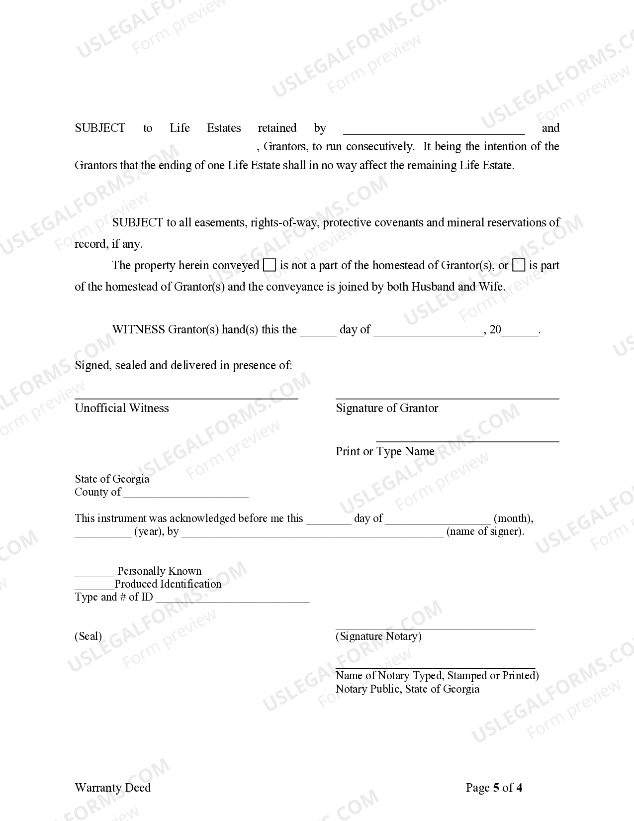 Georgia Warranty Deed for Parents to Child with Reservation of Life ...
