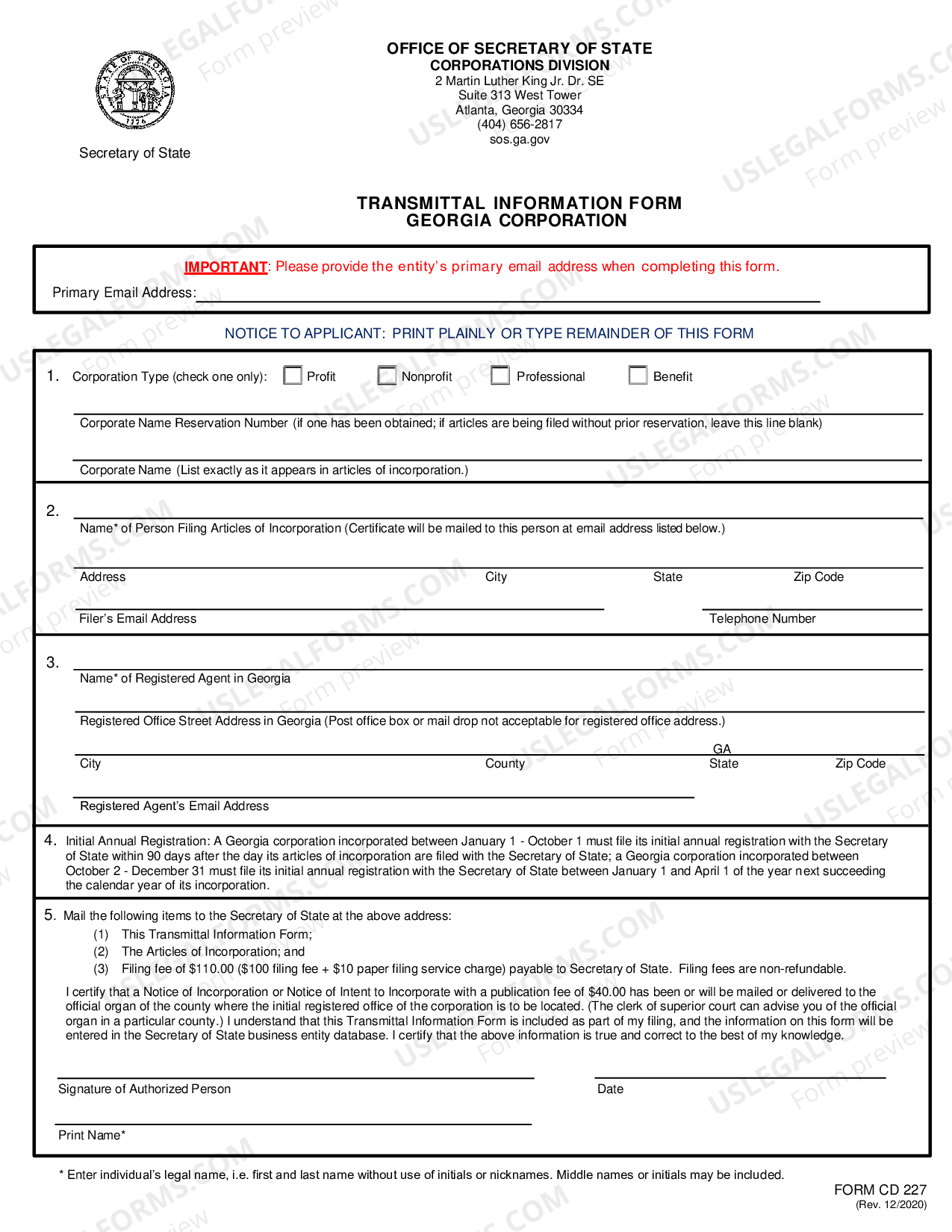 Georgia Incorporation Transmittal Information Sheet - Ga Incorporation ...