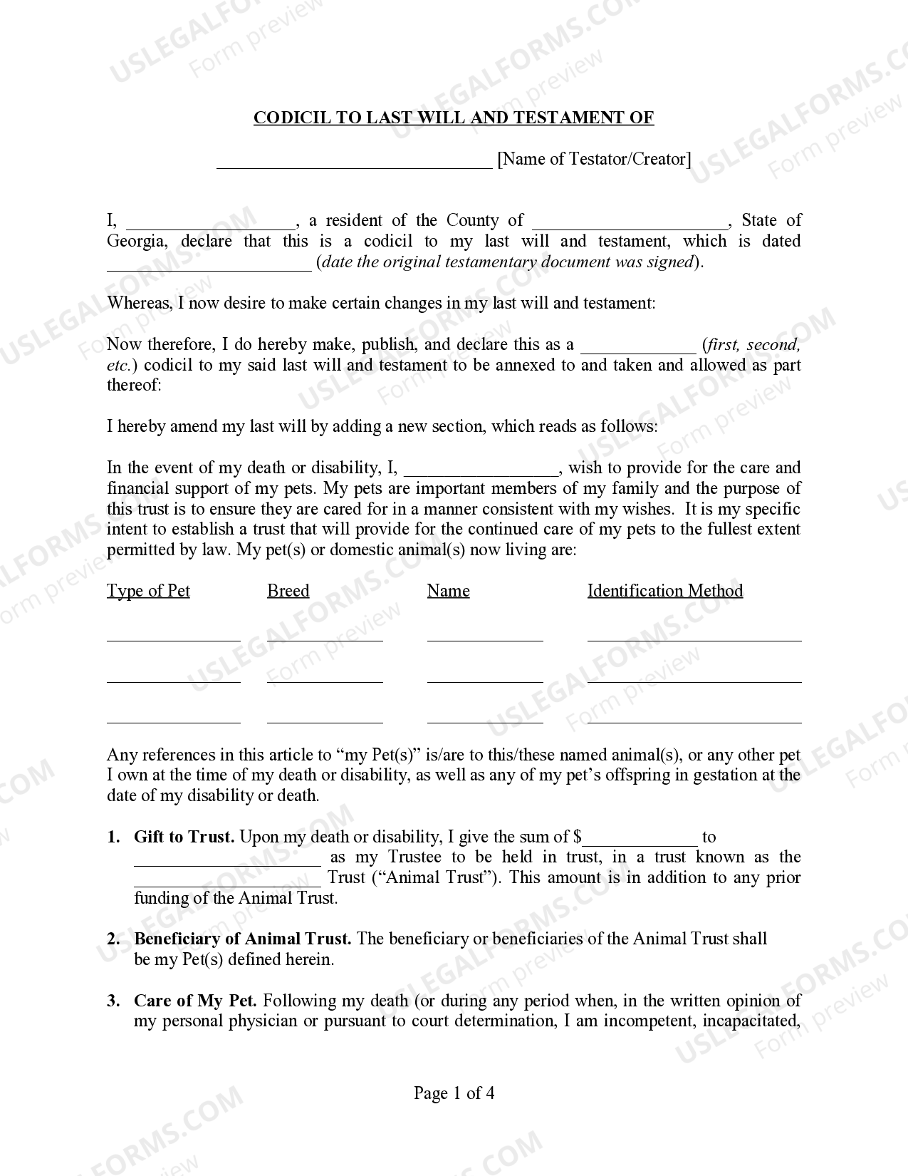 Georgia Codicil to Will Form for Amending Your Will - Codicil Form Your ...