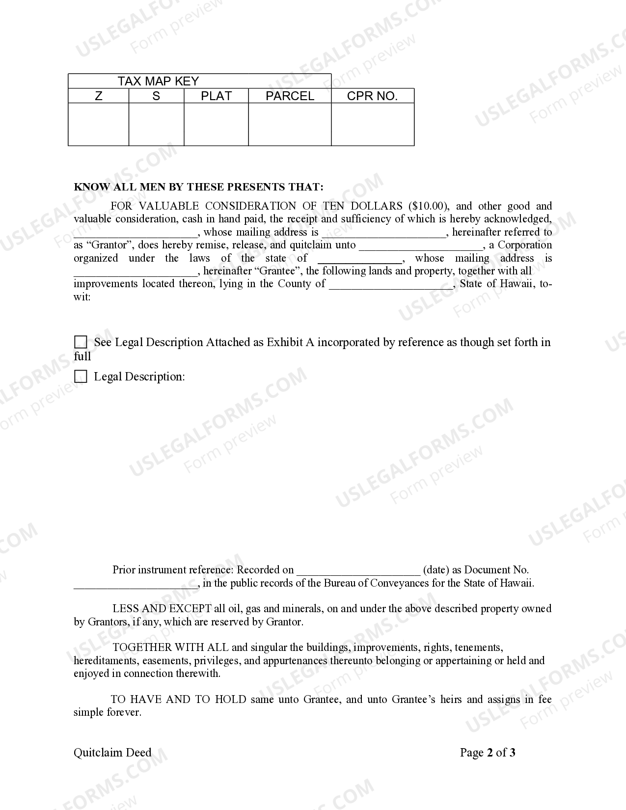 Hawaii Quitclaim Deed from Individual to Corporation | US Legal Forms