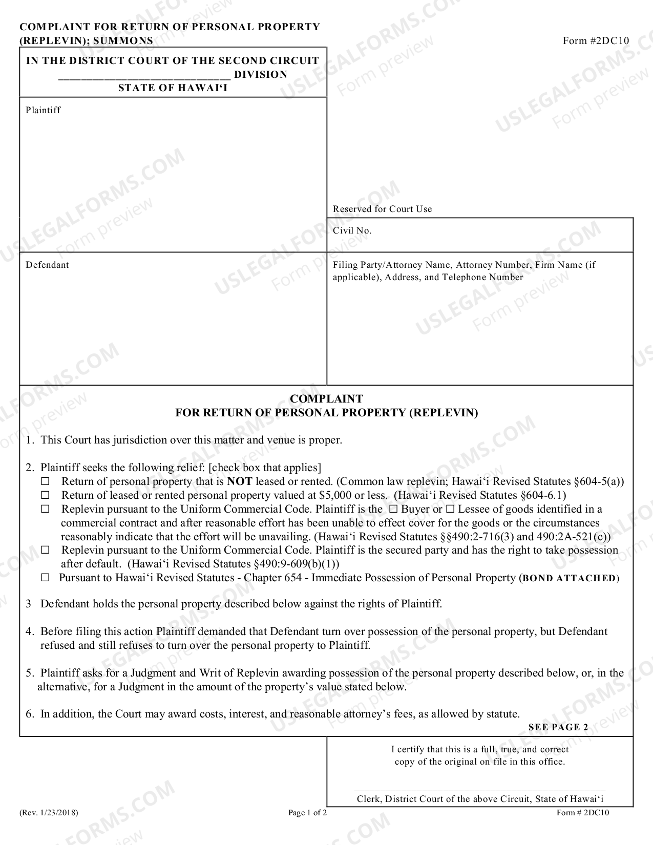 Hawaii Complaint regarding Replevin or Repossession | US Legal Forms
