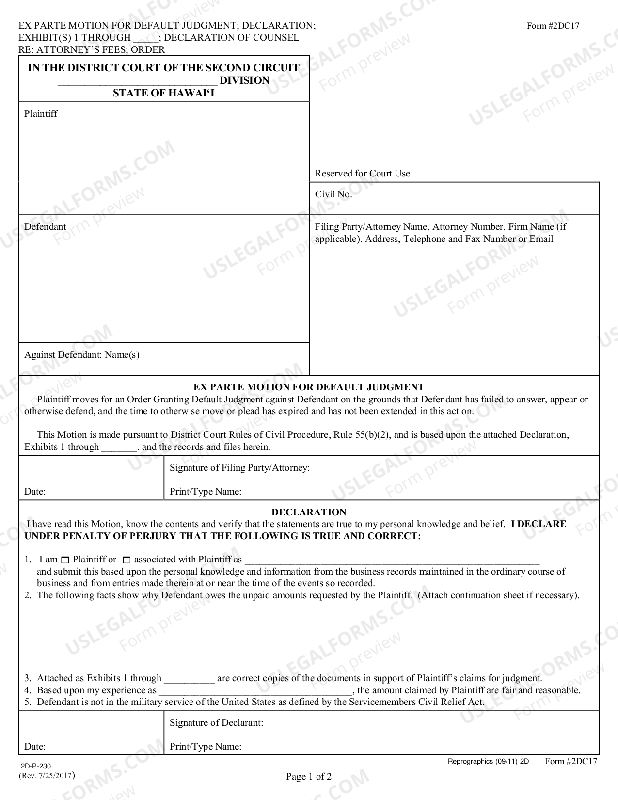 Hawaii Motion for Default Judgment - Declaration - Order Granting Motion | US Legal Forms