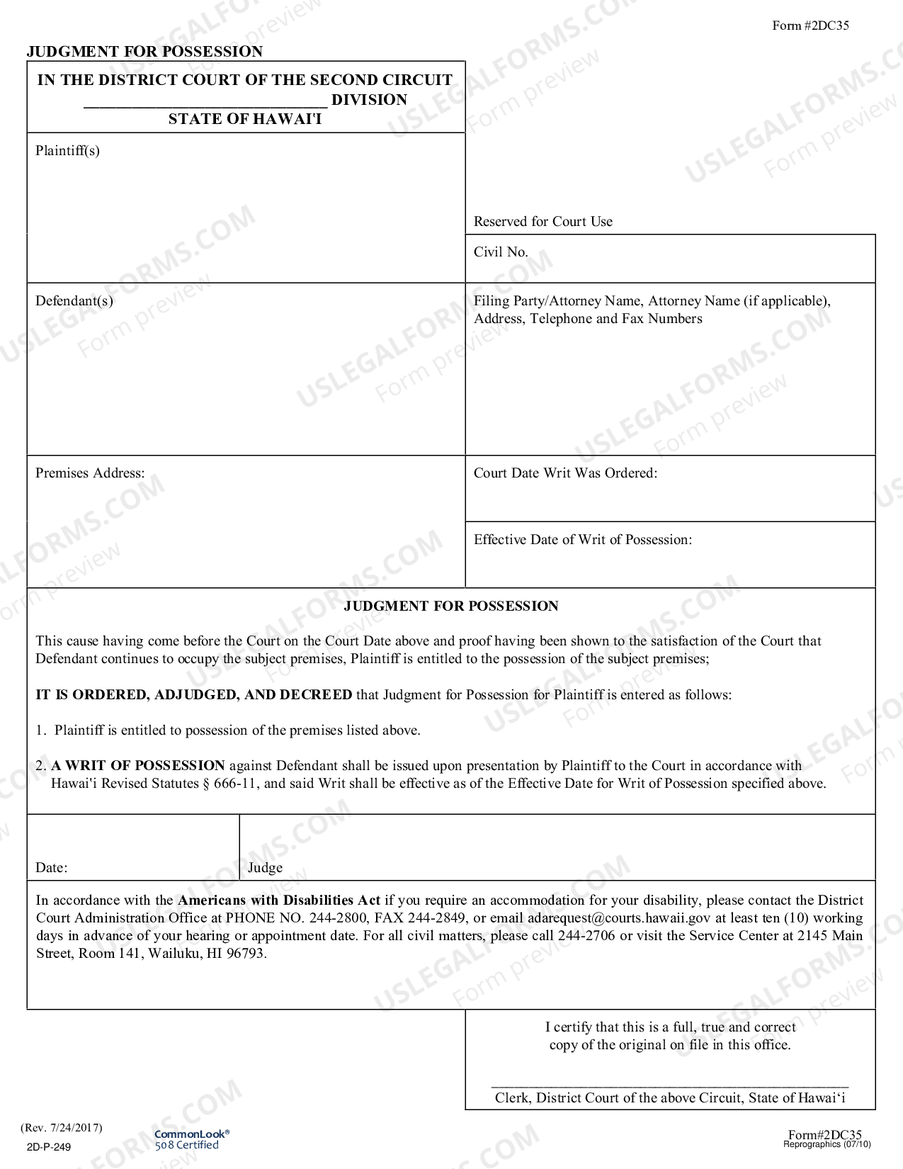 Hawaii Judgment for Possession | US Legal Forms