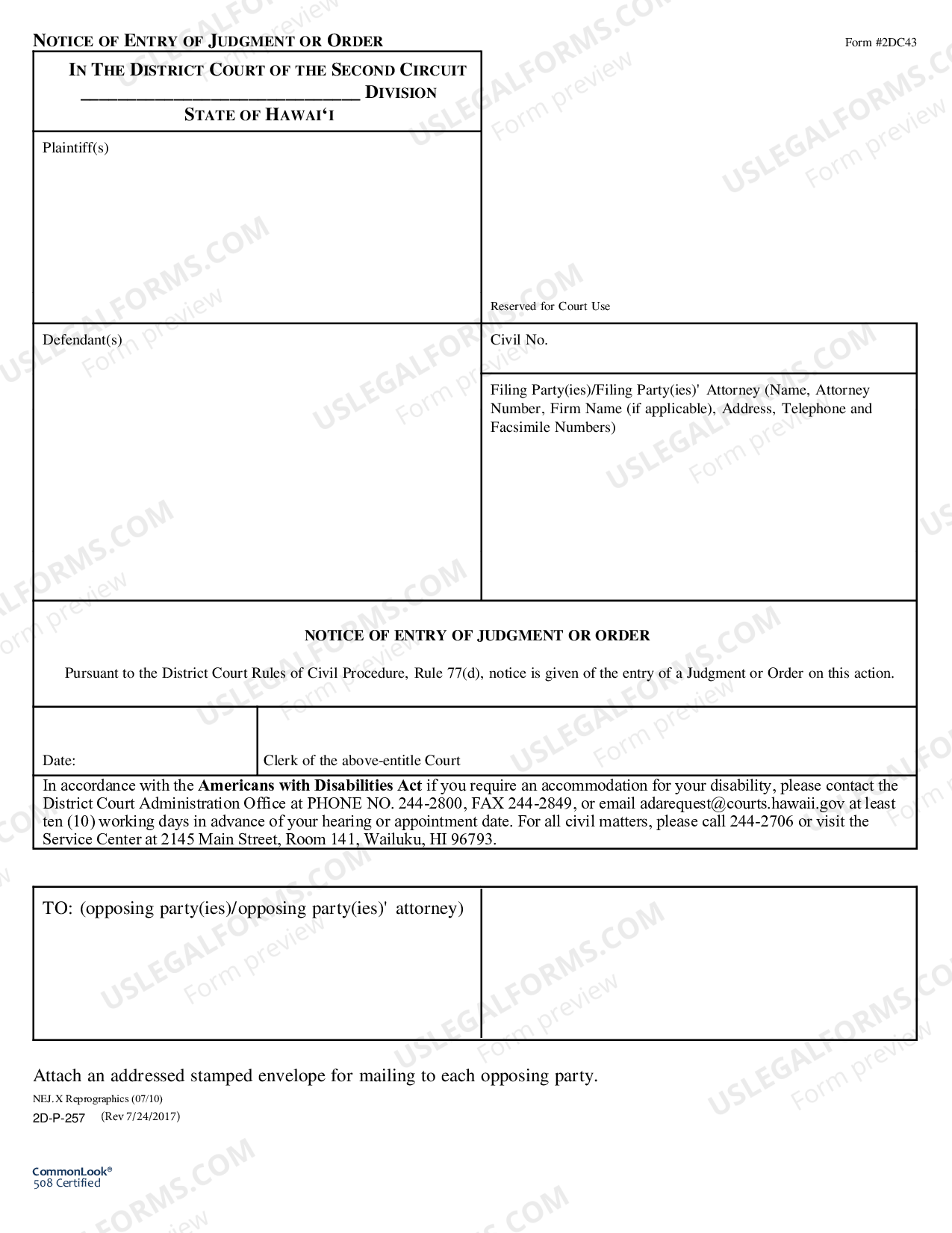 Hawaii Notice of Entry of Judgment | US Legal Forms
