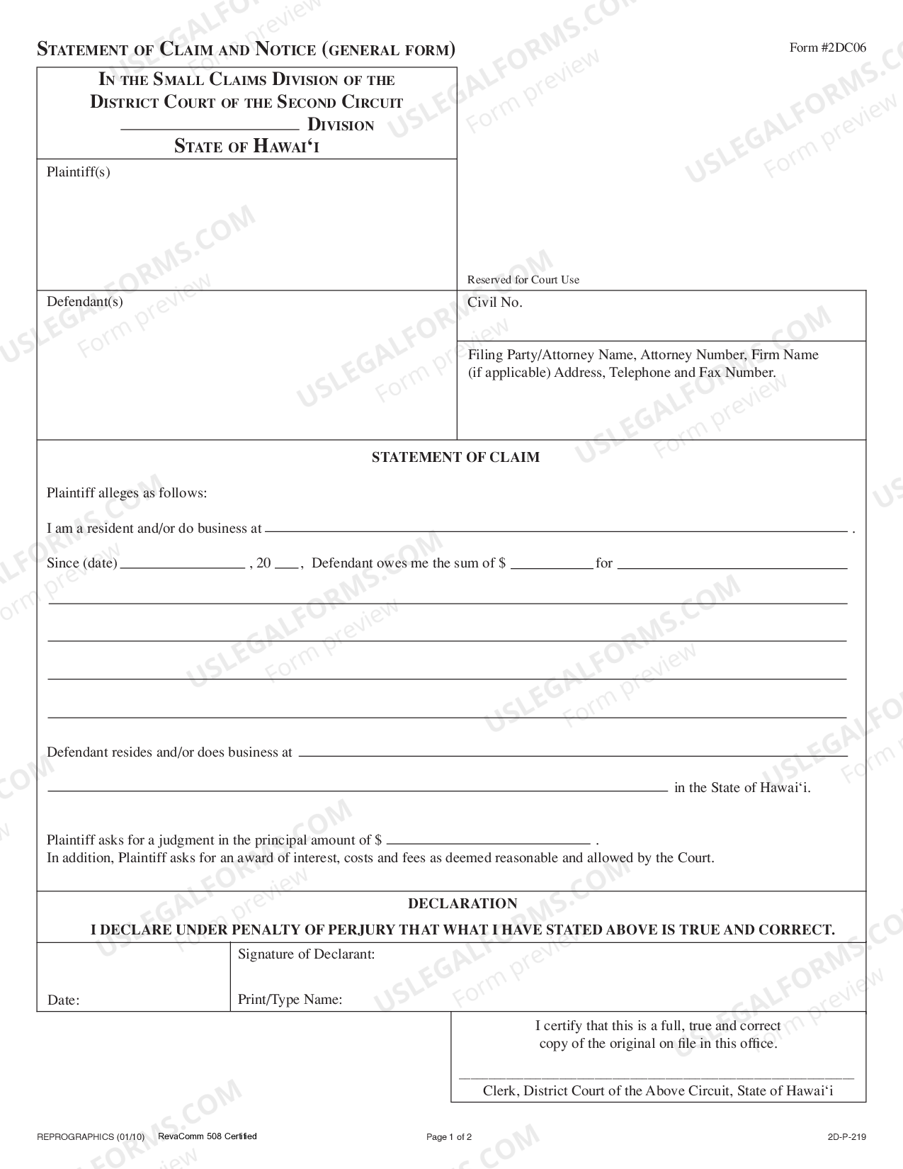 Hawaii Statement of Claim - General Form | US Legal Forms