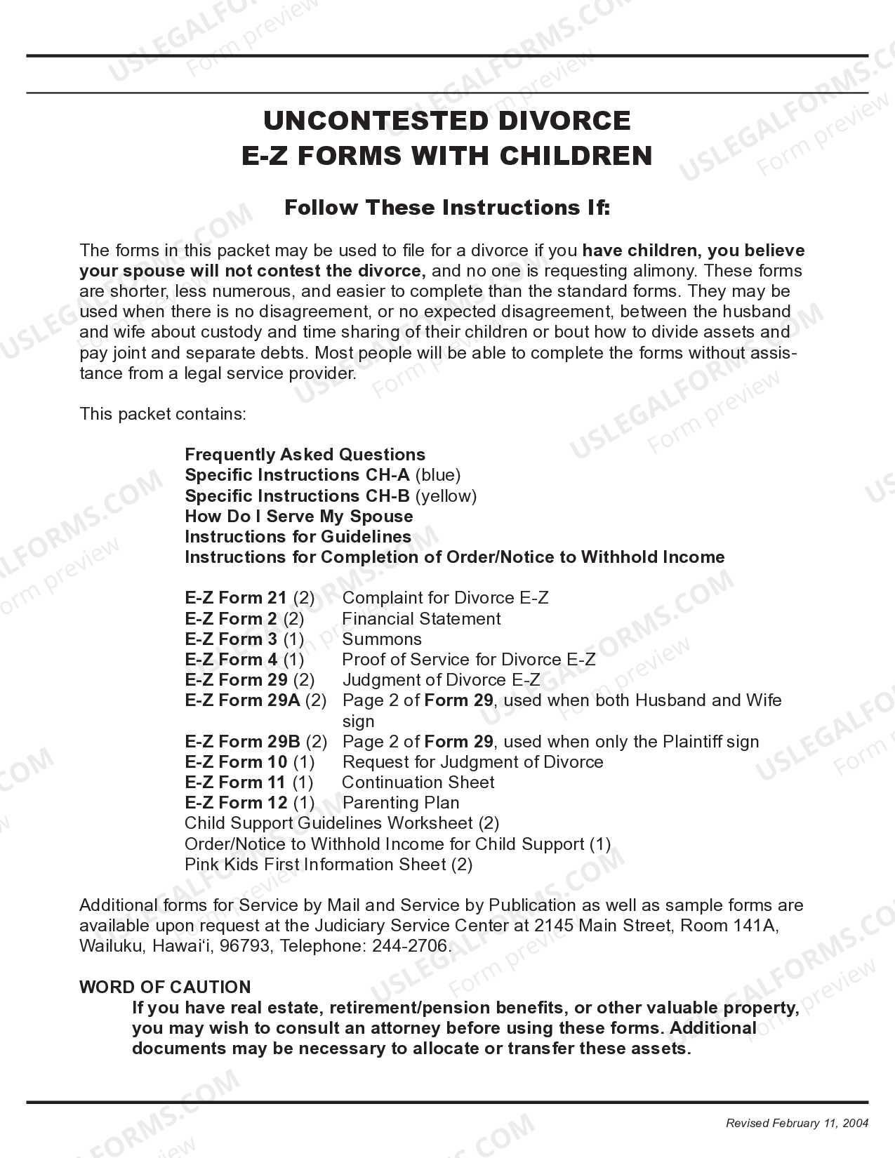Hawaii Uncontested Divorce Forms - with children - Uncontested Divorce ...