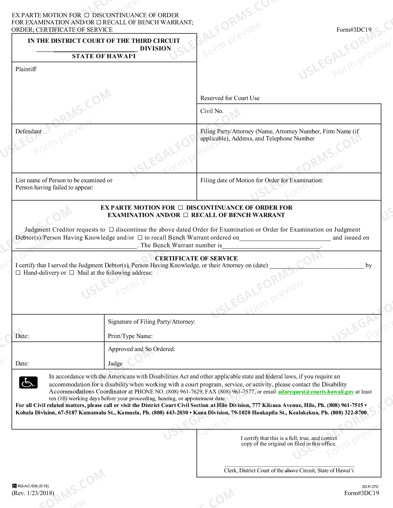 Hawaii Discontinuance of Order of Examination and Recall of Bench ...