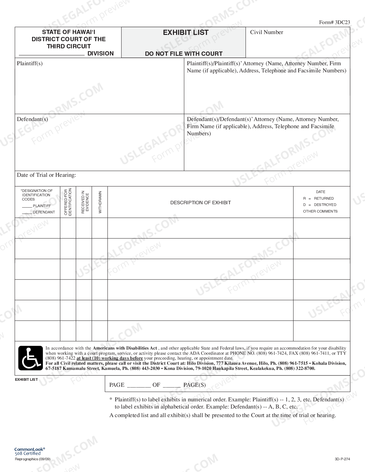 Hawaii Exhibit List | US Legal Forms