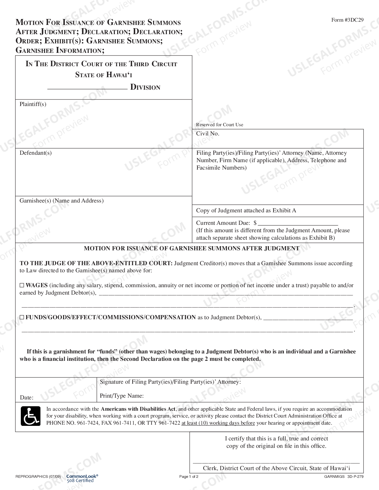 Hawaii Motion for Issuance of Garnishee Summons After Judgment | US Legal Forms