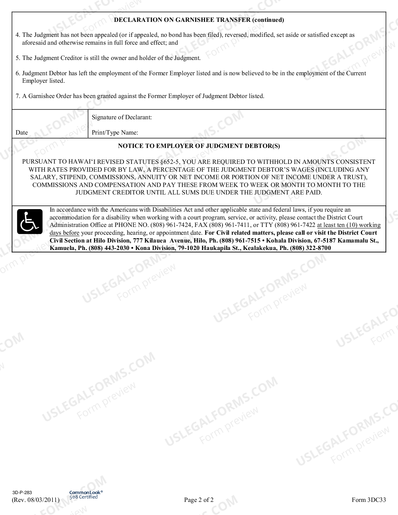 Hawaii Affidavit of Garnishee Transfer | US Legal Forms