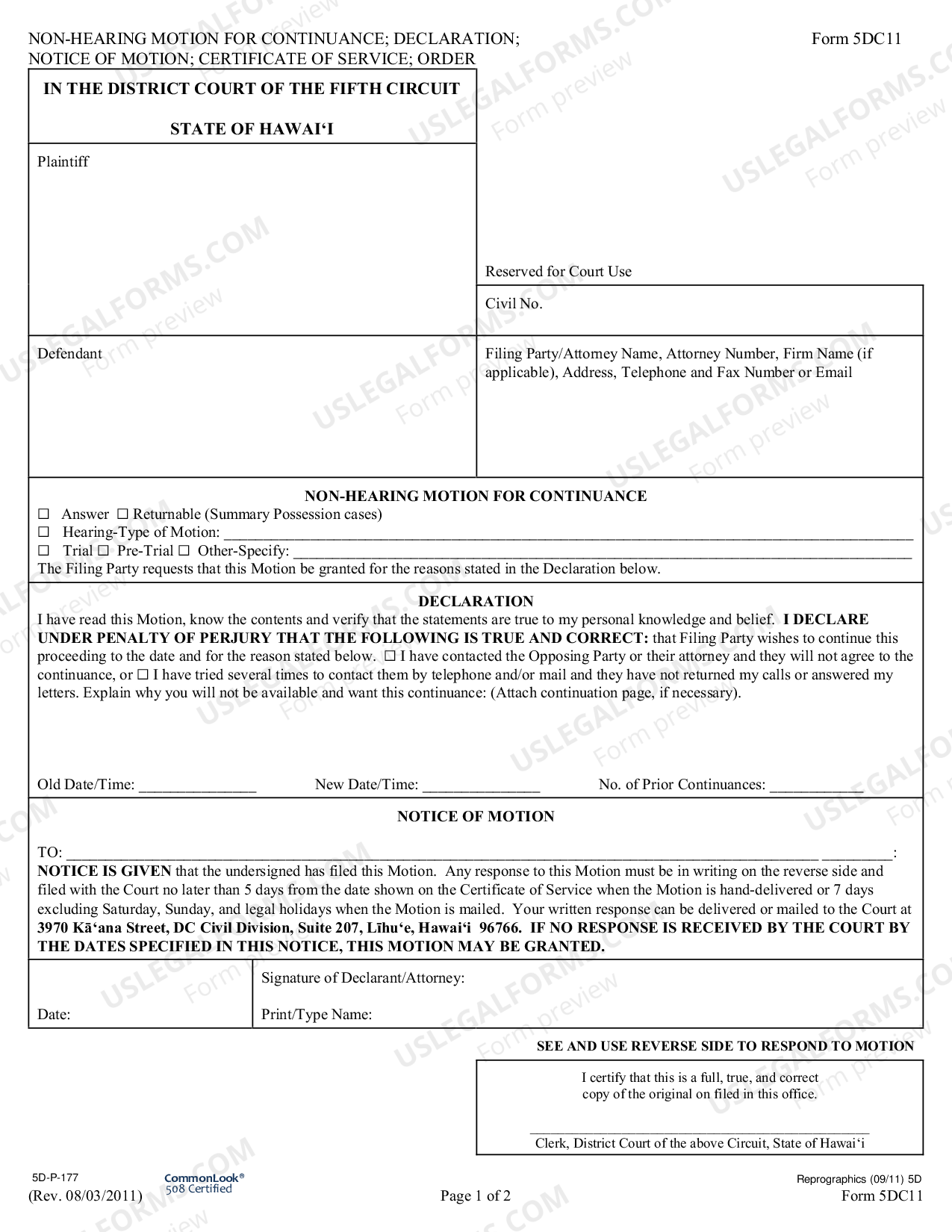 Hawaii Continuance - Non-Hearing Motion | US Legal Forms