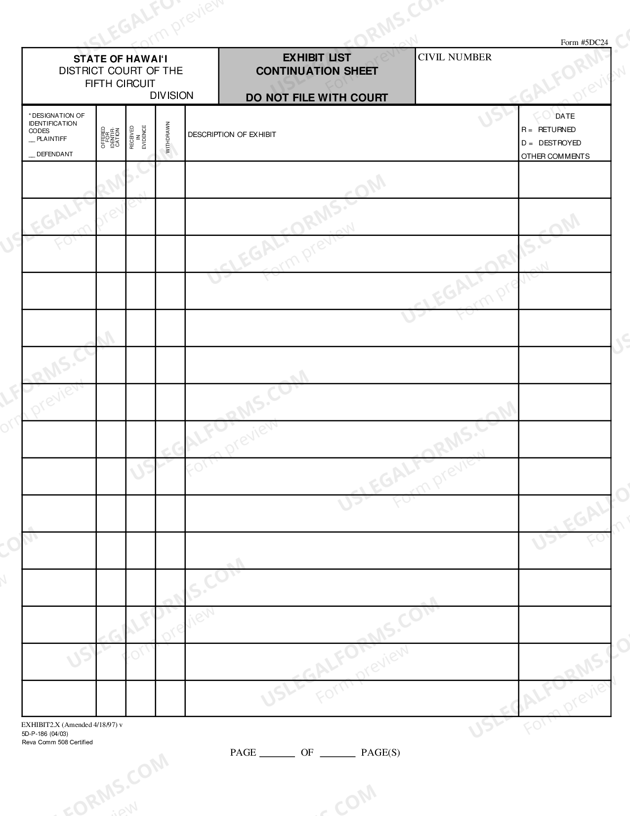 Hawaii Exhibit List - Continuation Sheet | US Legal Forms