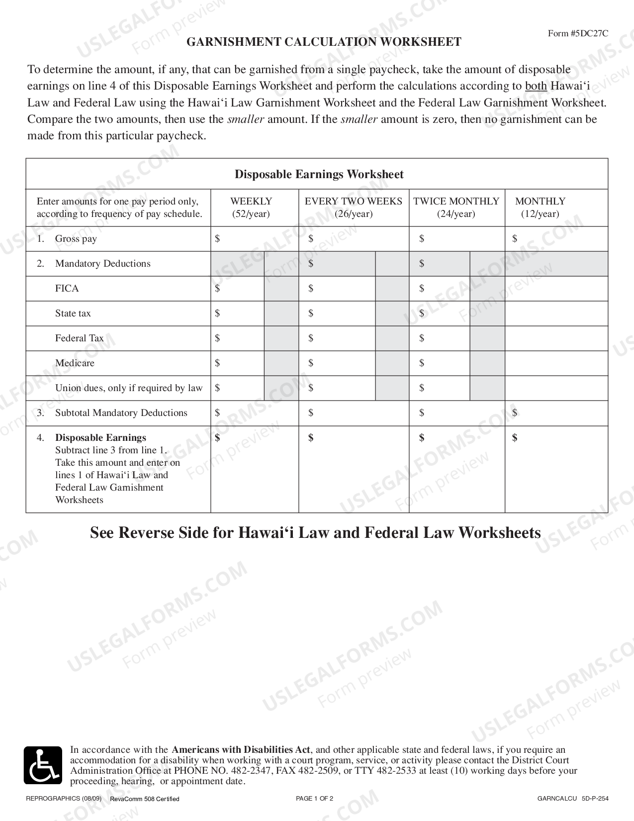 Hawaii Garnishee Calculation | US Legal Forms