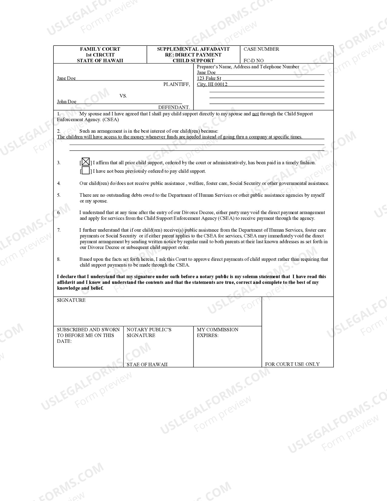 Hawaii Supplemental Affidavit regarding Direct Payment Child Support ...