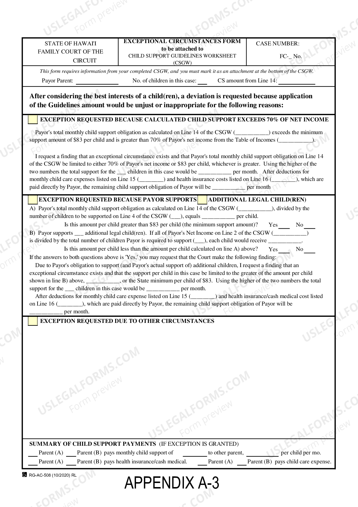 Hawaii Exceptional Circumstance Form for Child Support Guidelines ...