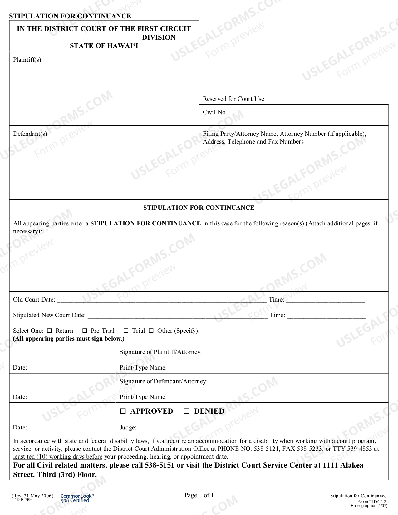 Hawaii Stipulation for Continuance | US Legal Forms