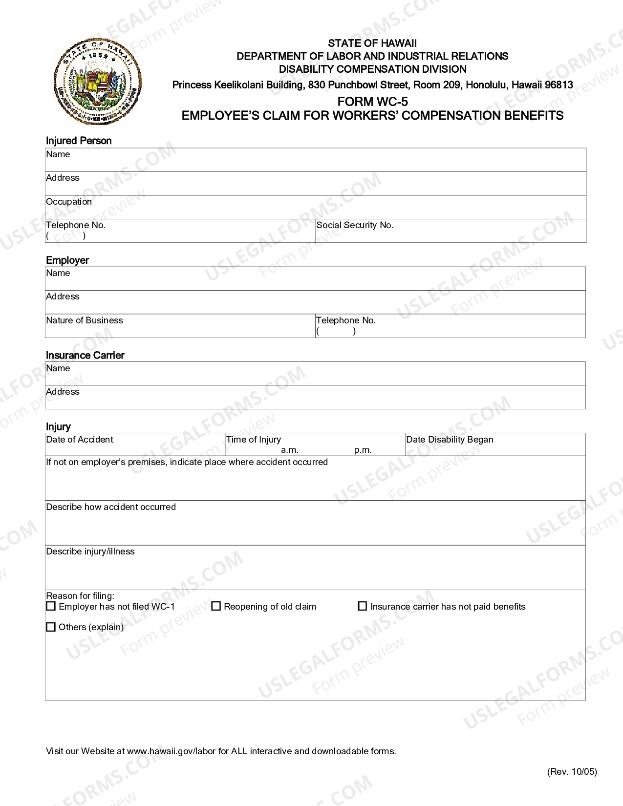 Hawaii Employees Claim for Workers Compensation Benefits | US Legal Forms