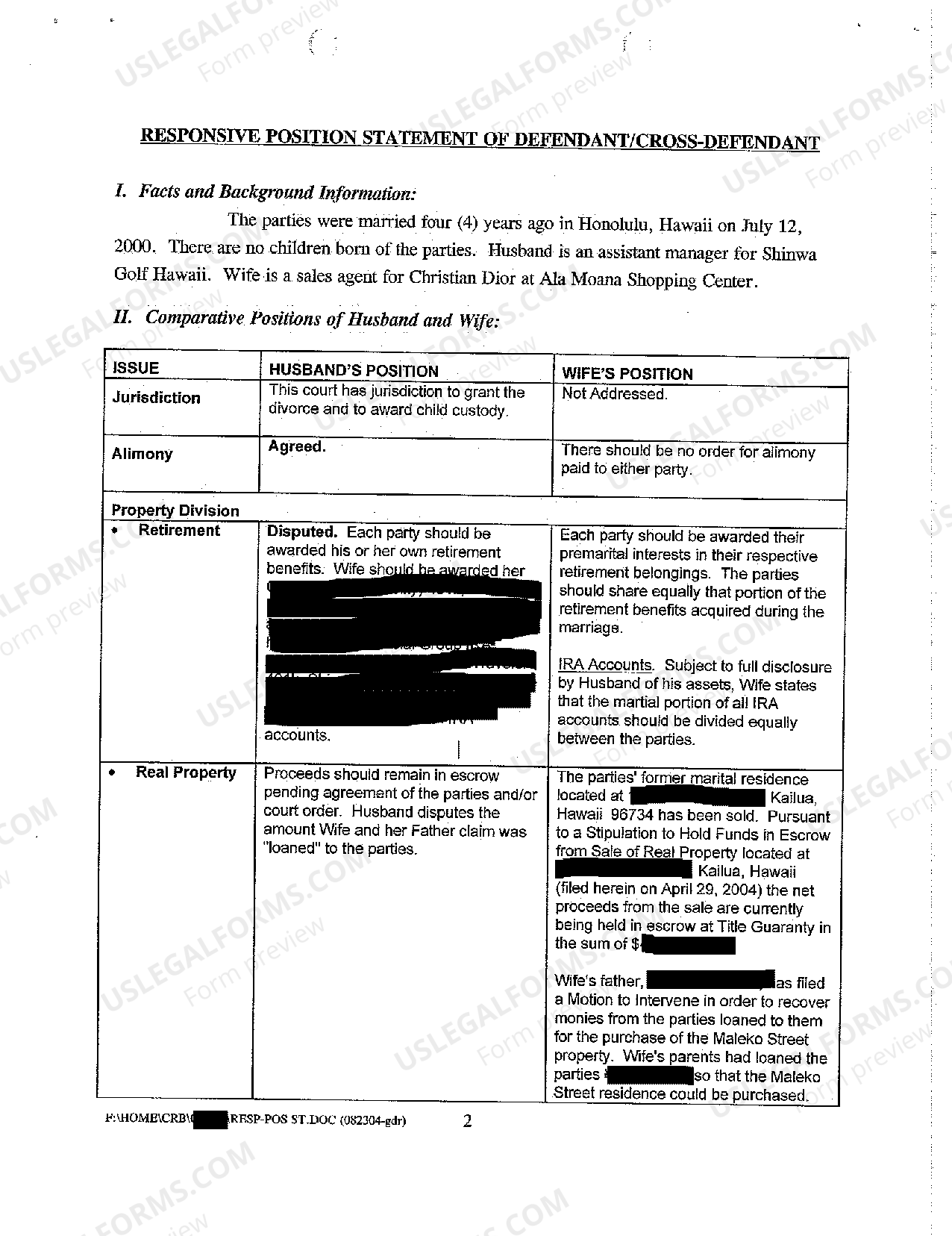 Hawaii Responsive Position Statement of Defendant Cross-Defendant ...