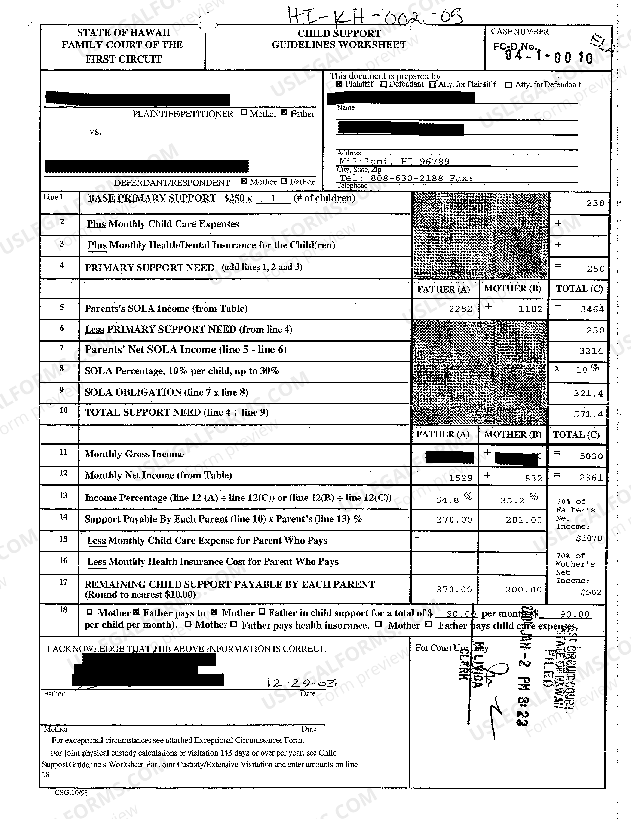 Hawaii Child Support Guidelines Worksheet - Hawaii Child Support ...
