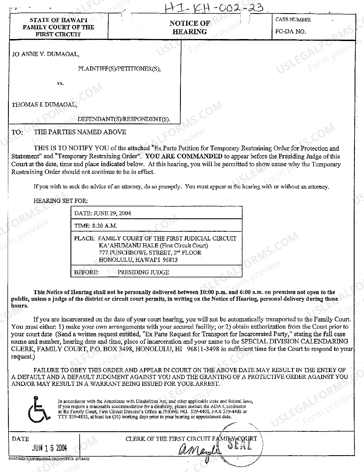 Hawaii Notice of Hearing | US Legal Forms