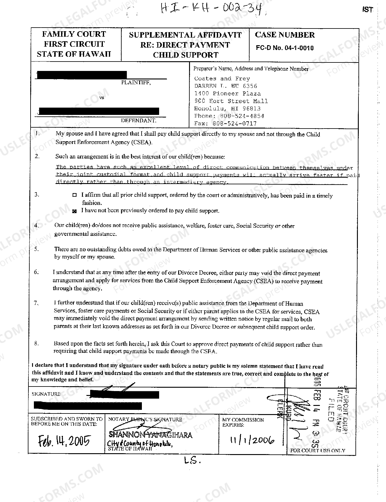 Hawaii Supplemental Affidavit regarding Direct Payment Child Support ...