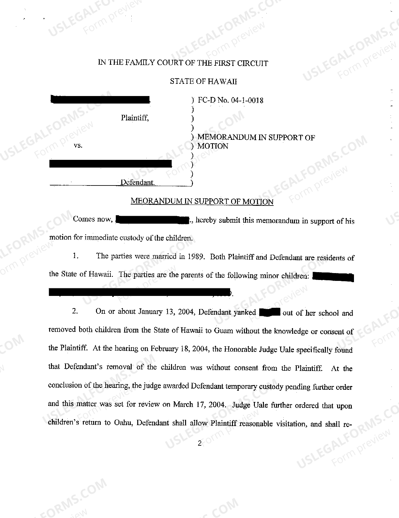 Hawaii Motion for Immediate Custody of Children and for Appointment of ...