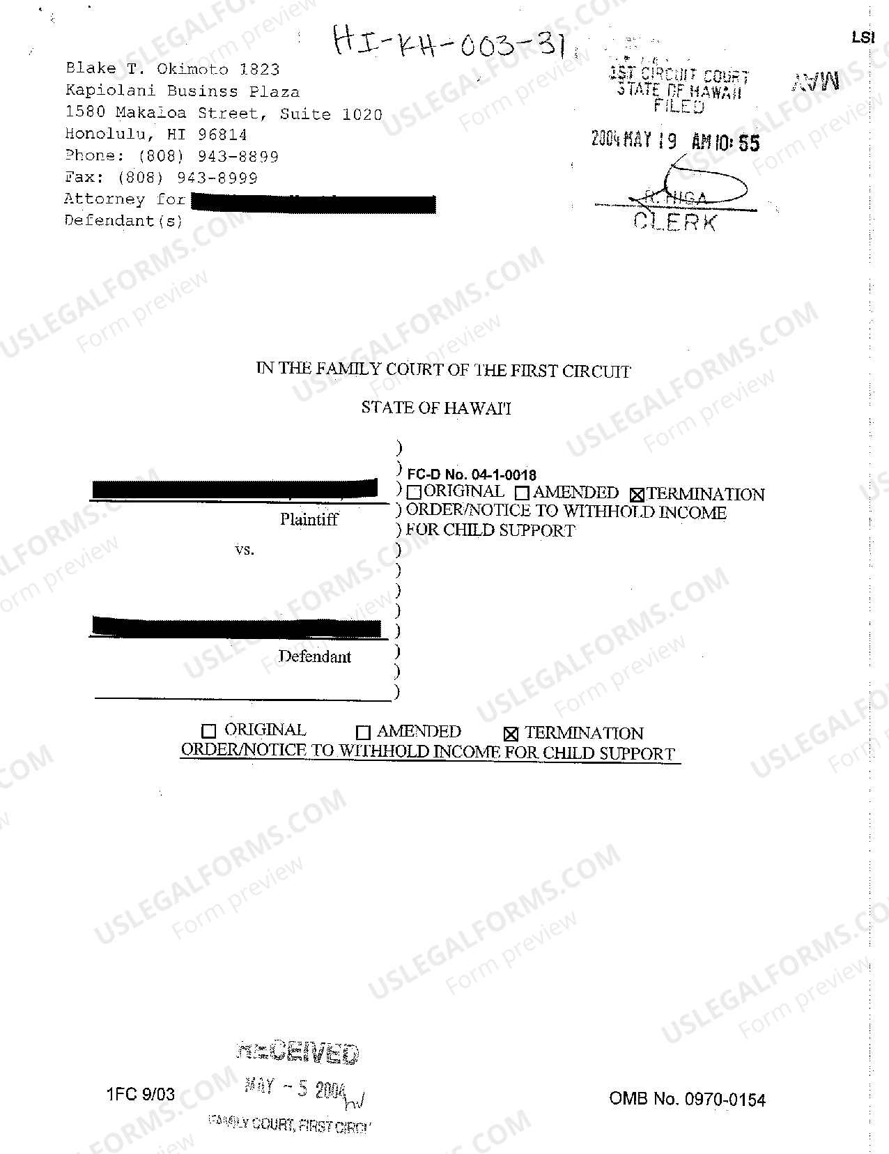 Hawaii Termination Order - Notice to Withhold Income for Child Support ...