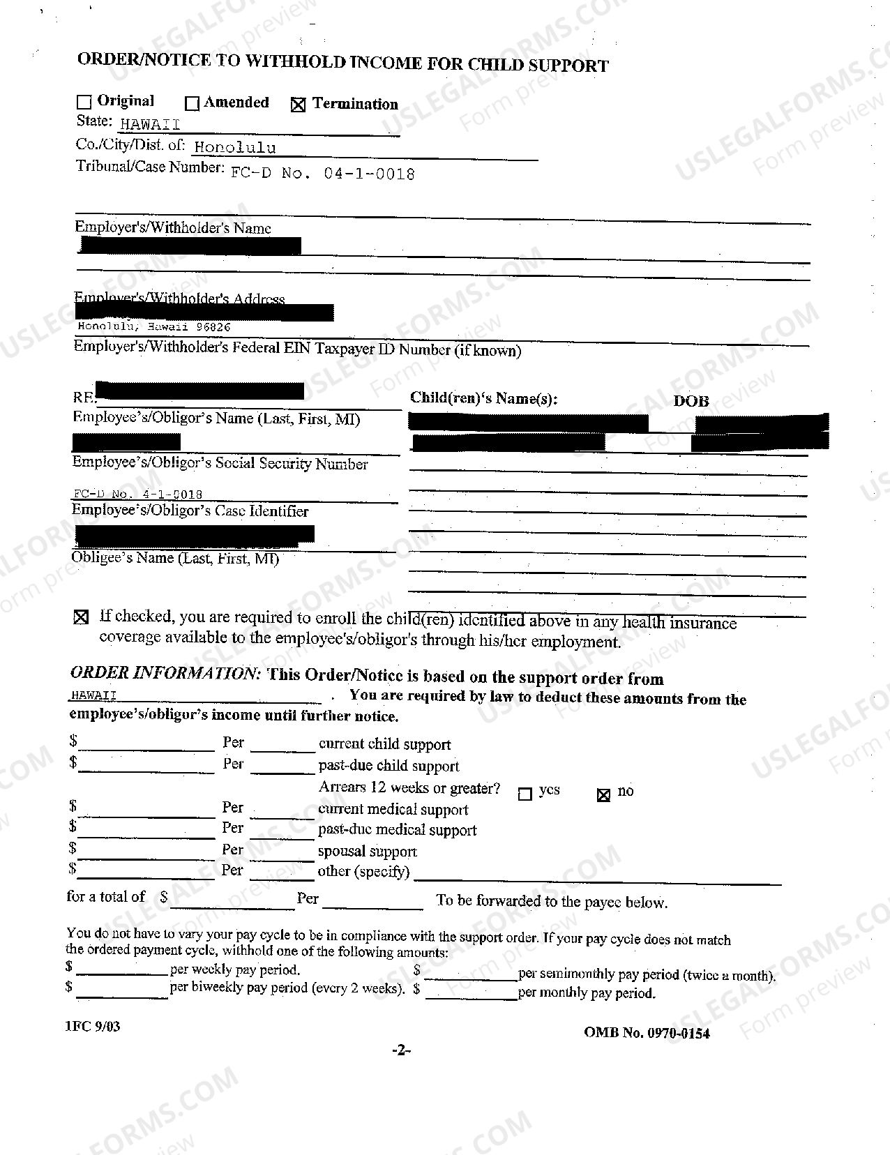 Hawaii Termination Order - Notice to Withhold Income for Child Support ...
