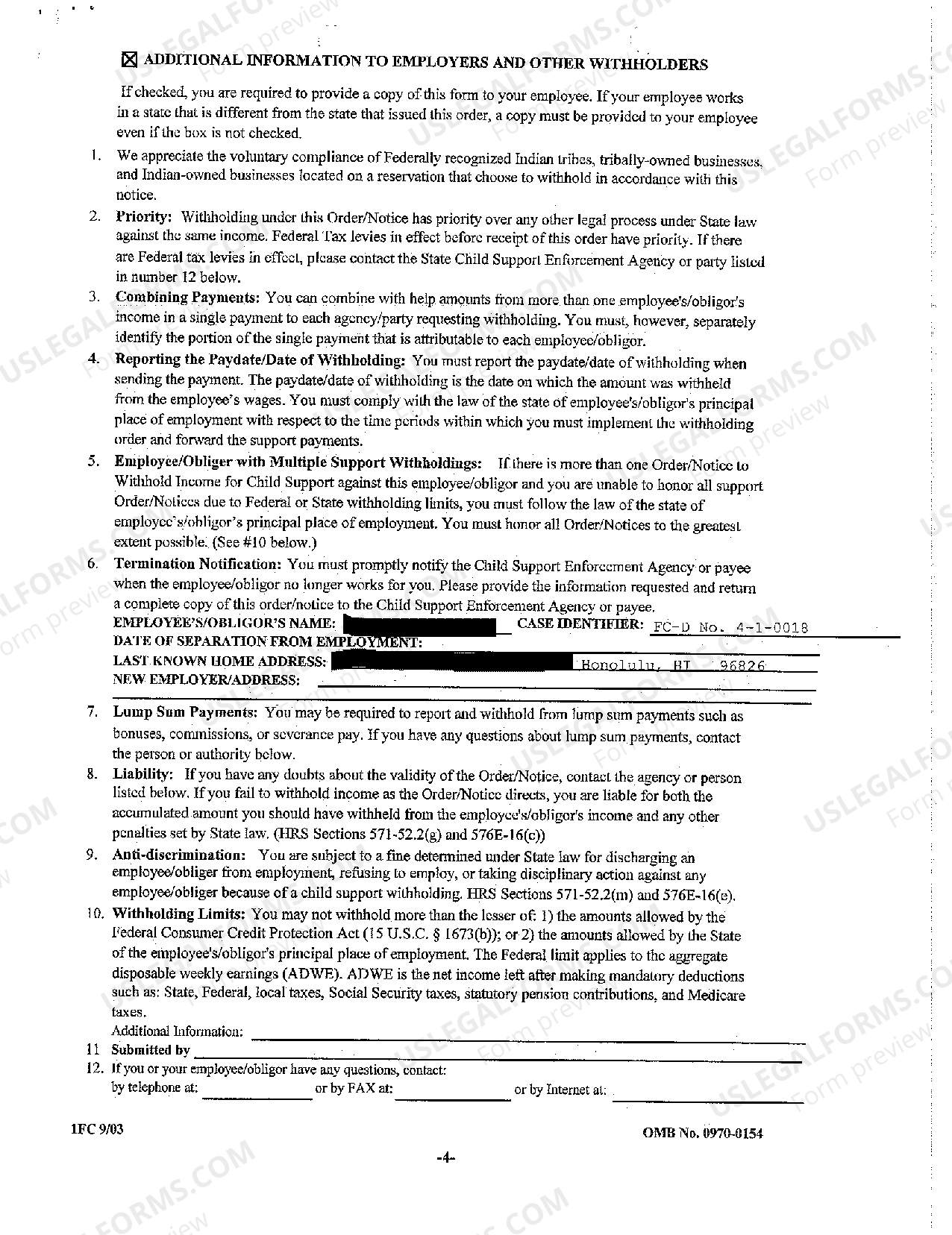 Hawaii Termination Order - Notice to Withhold Income for Child Support ...