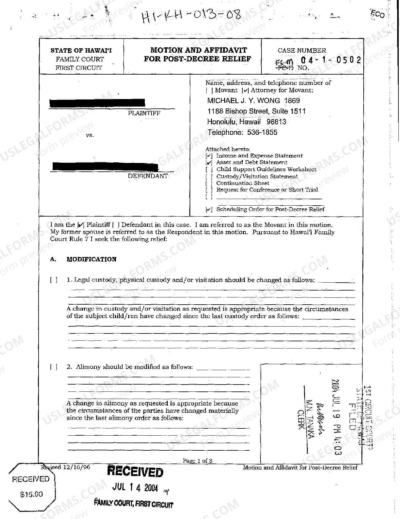 Hawaii Motion and Affidavit for Post - Post Decree Relief | US Legal Forms