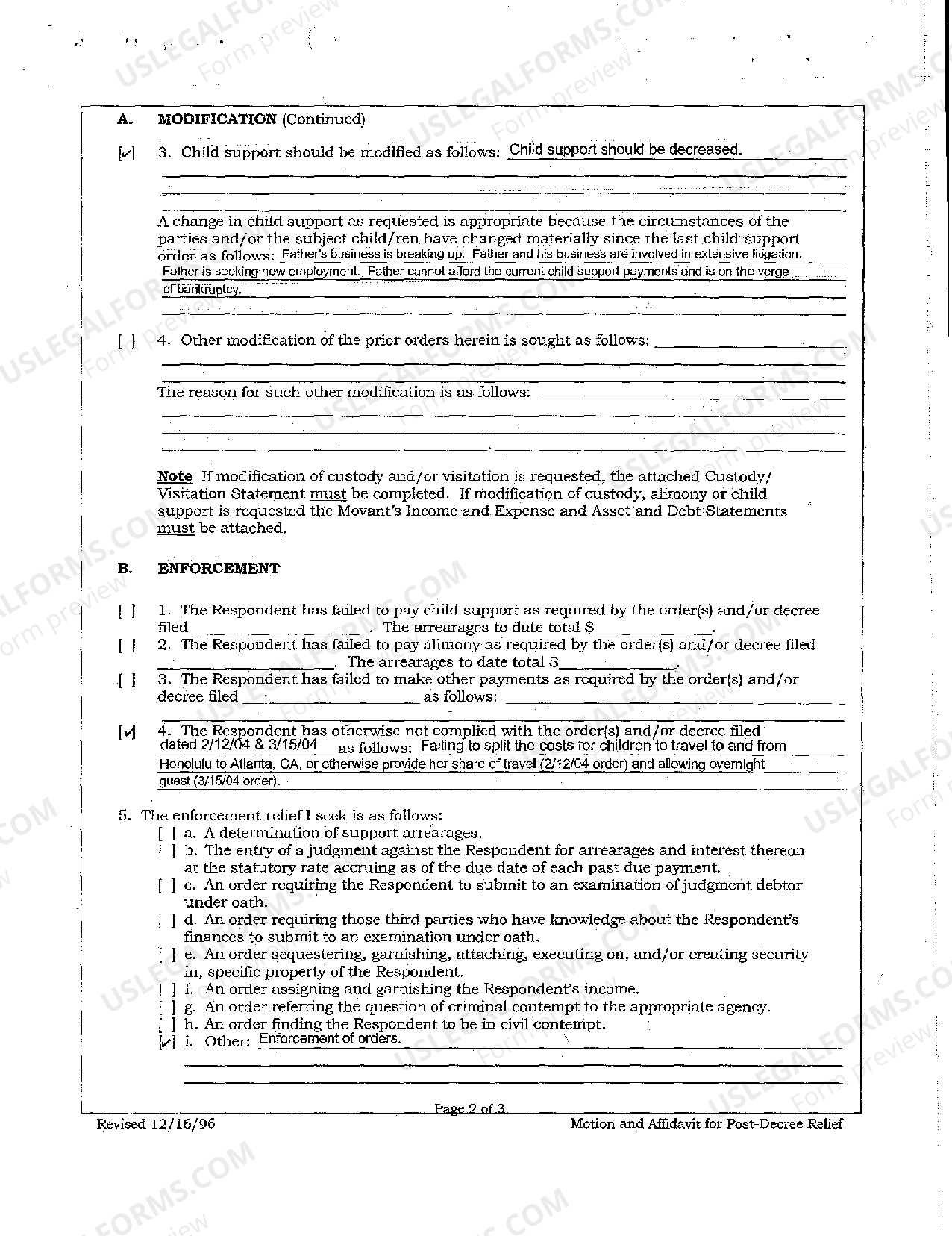 Hawaii Motion and Affidavit for Post - Post Decree Relief | US Legal Forms