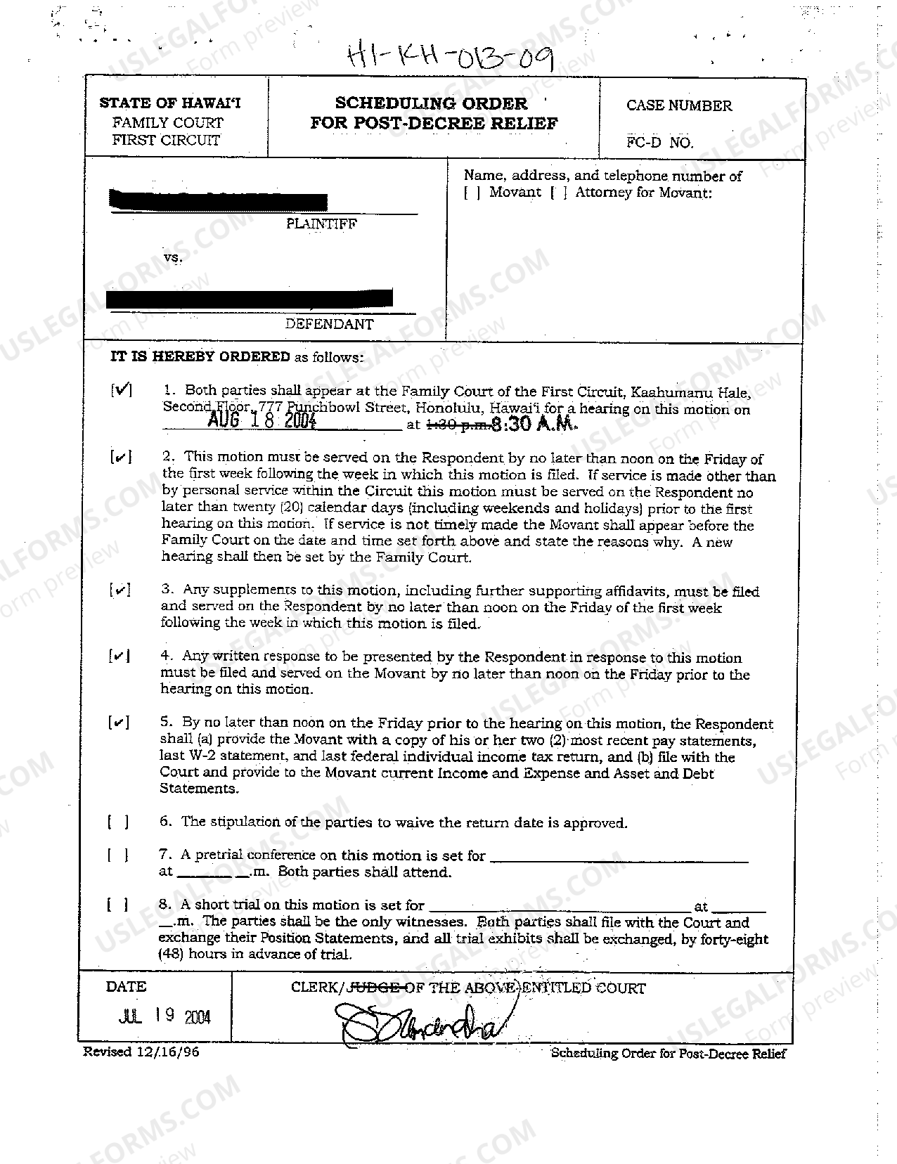 Hawaii Scheduling Order for Post-Decree Relief | US Legal Forms
