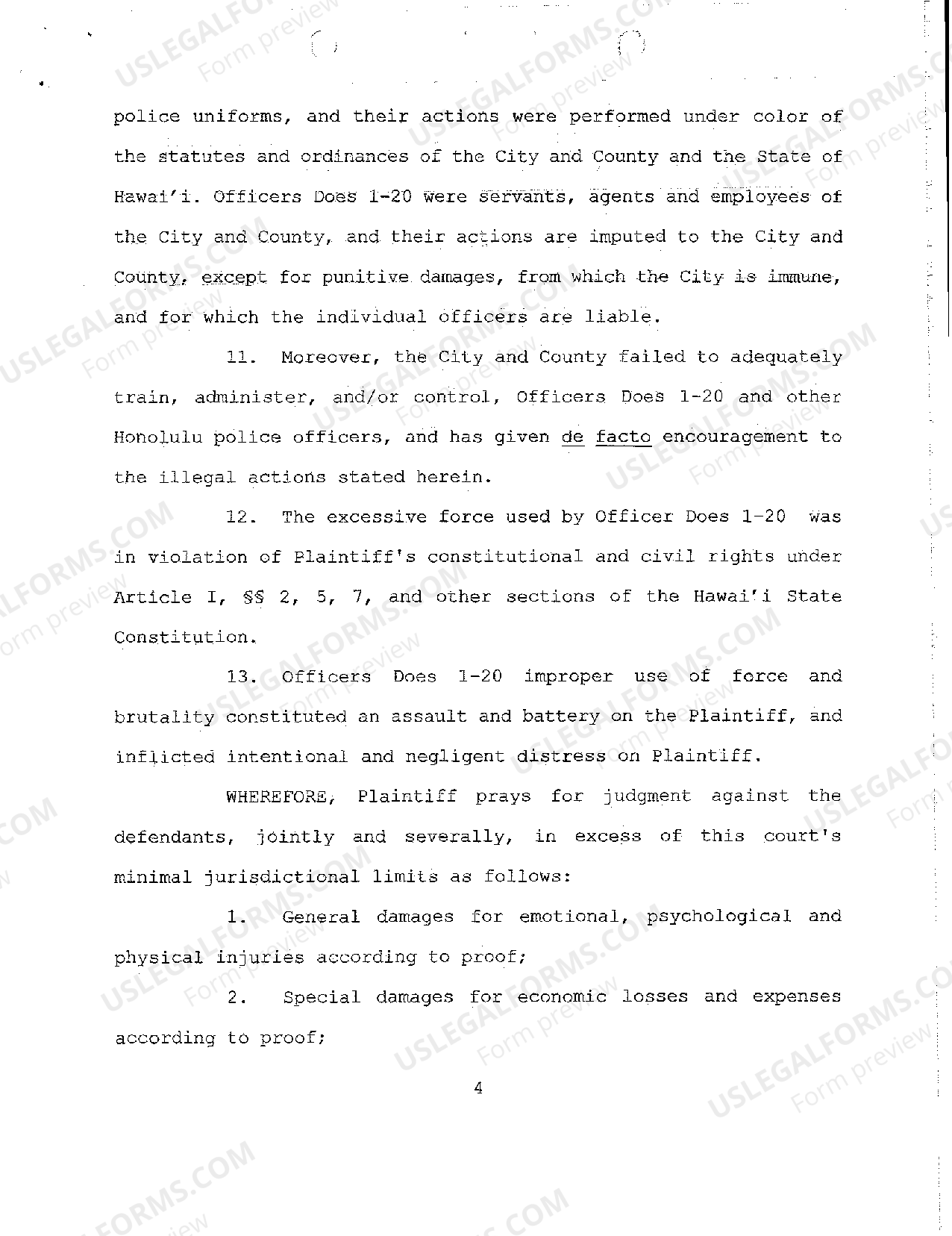 Hawaii First Amended Complaint for Assault, Battery, Violation of Civil ...