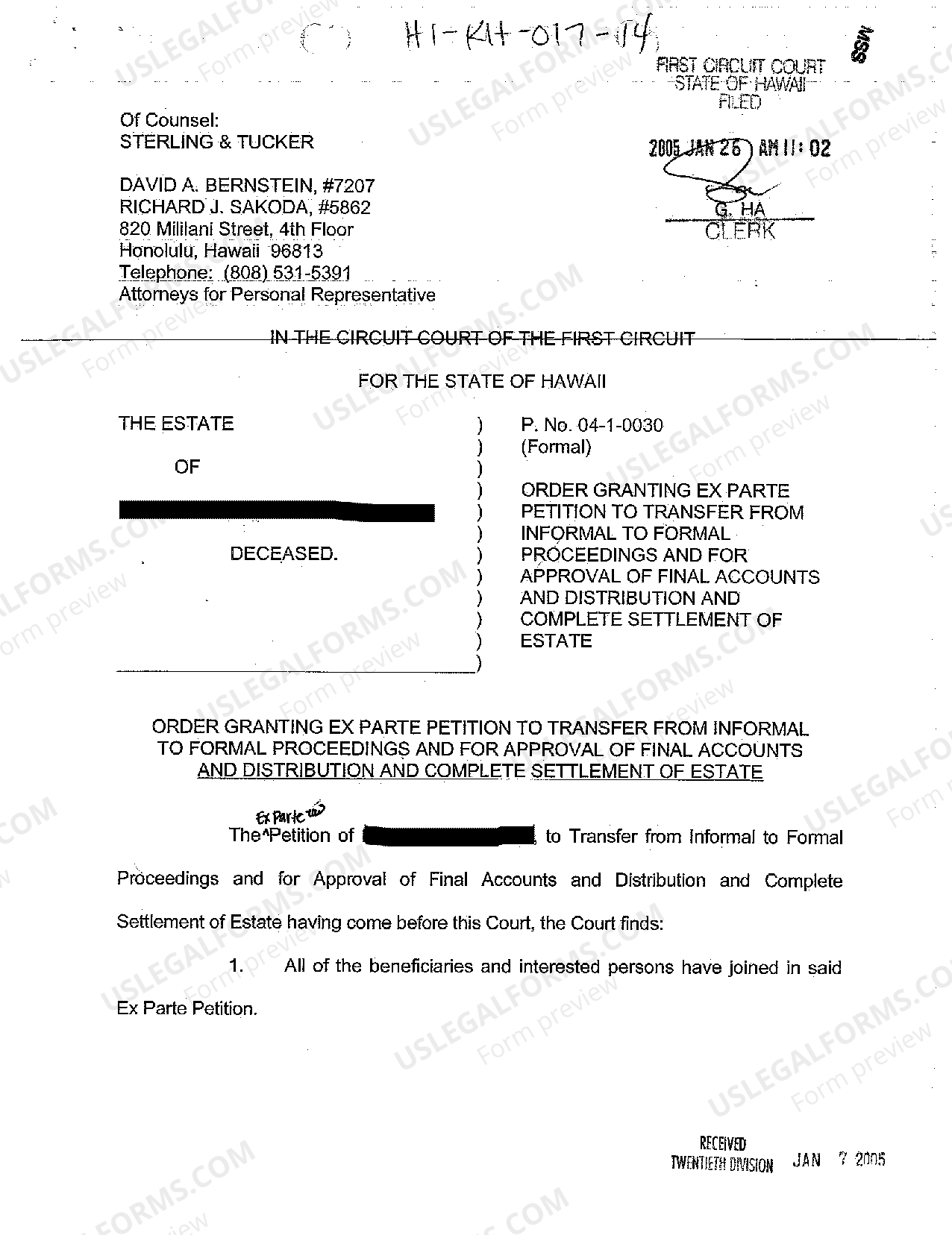 Hawaii Order Granting Ex Parte Petition to Transfer From Informal to ...