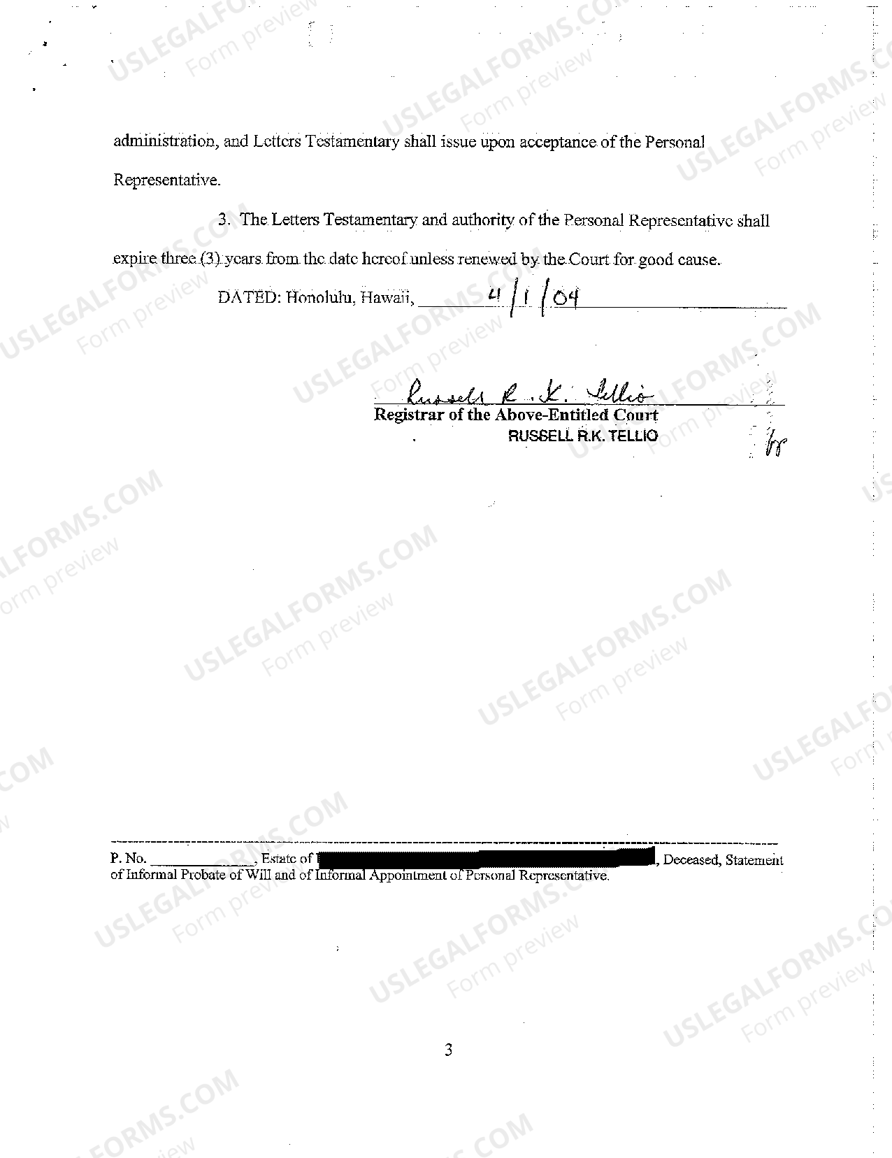 Hawaii Statement of Informal Probate of Will and of Informal Appointment of Personal ...