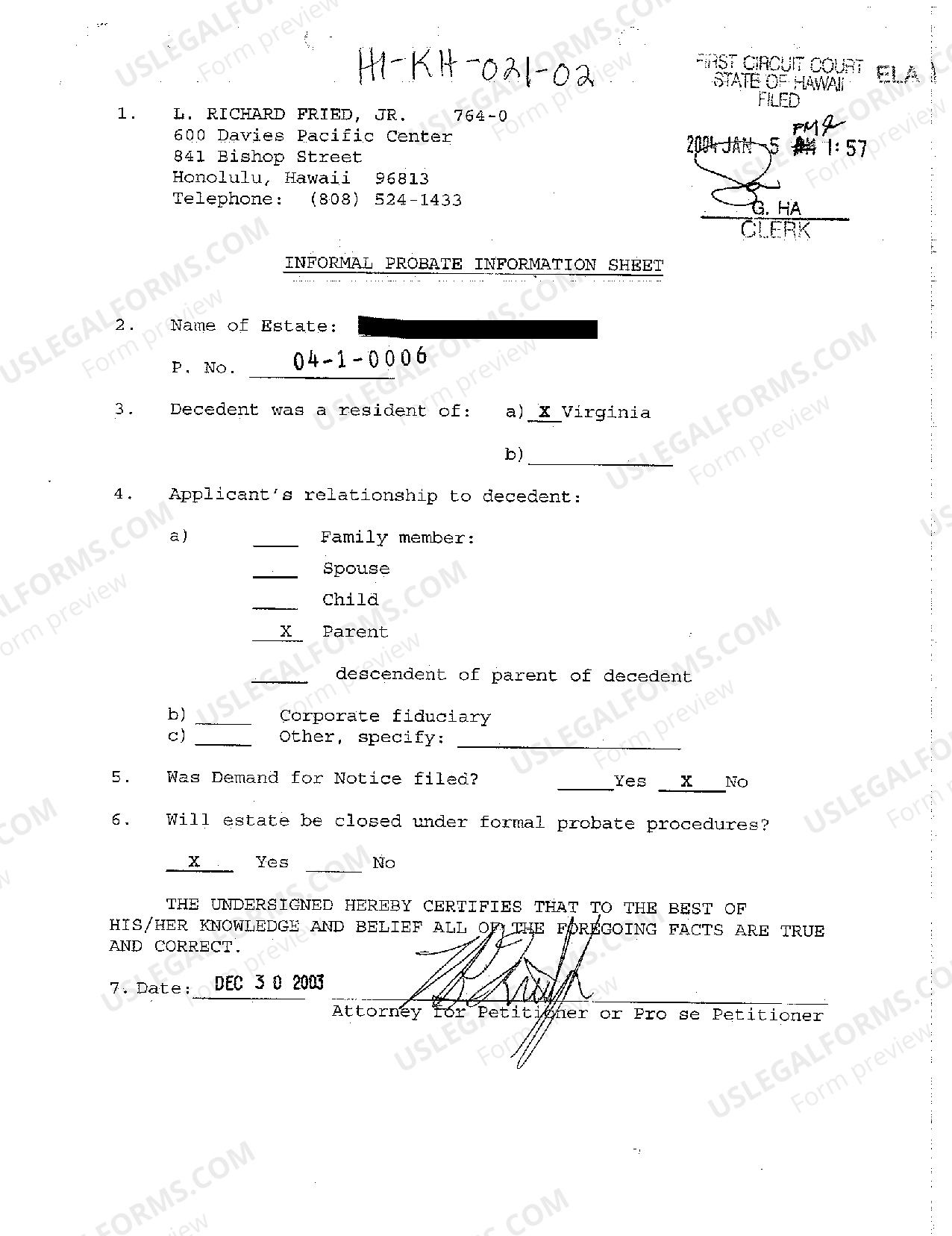 Hawaii Informal Probate Information Sheet | US Legal Forms