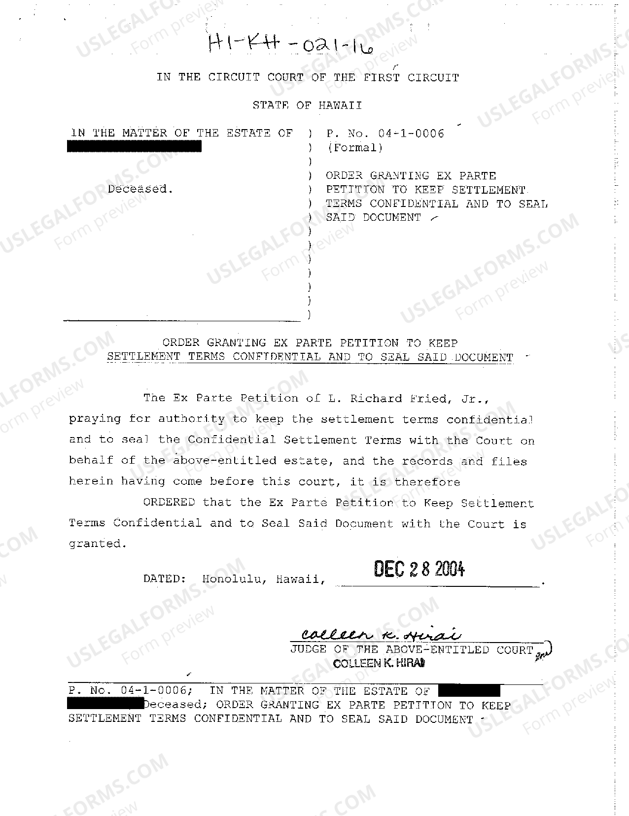 Hawaii Order Granting Ex Parte Petition to Keep Settlement Terms ...