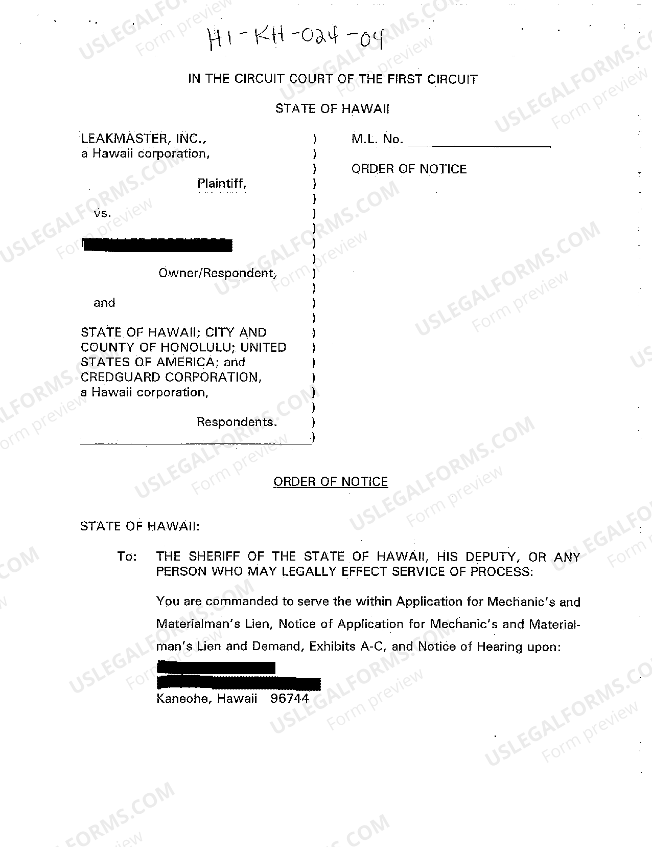 Hawaii Order of Notice | US Legal Forms
