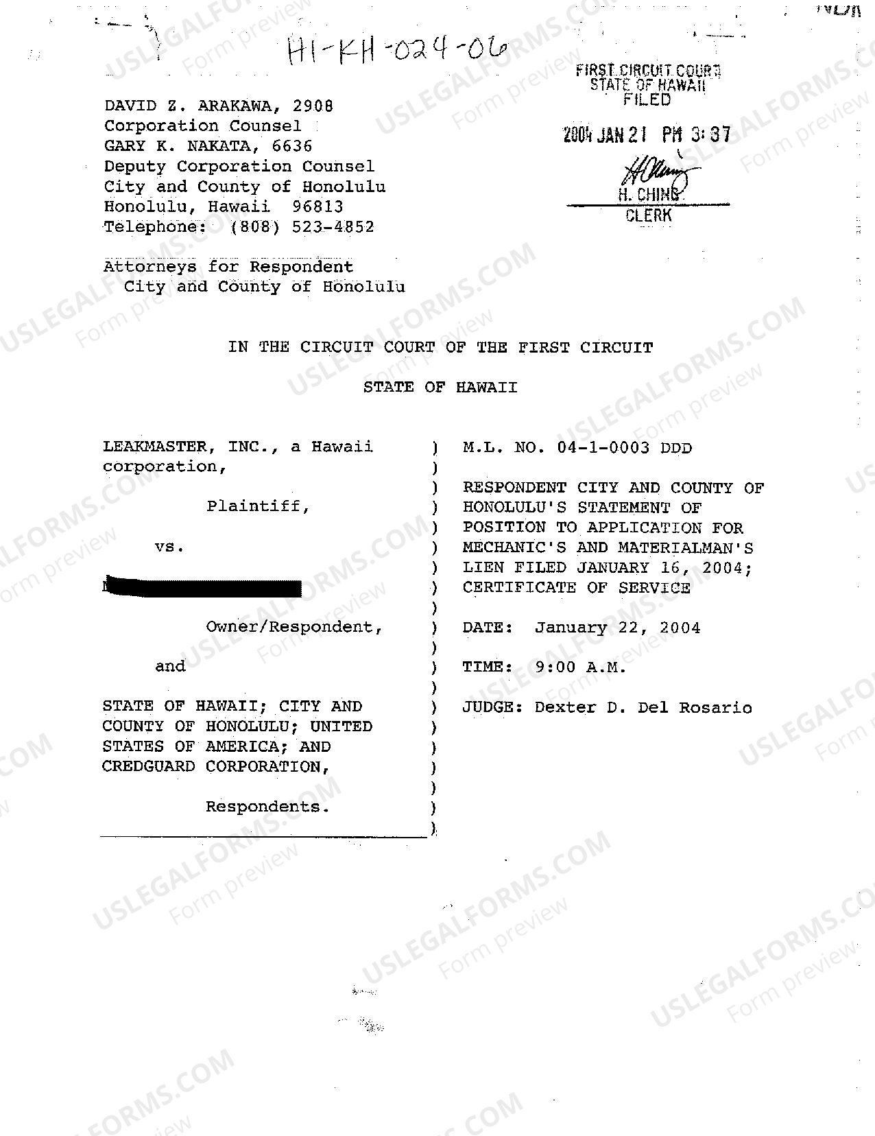 Hawaii Respondent's Statement of Position to Application for Mechanic's ...