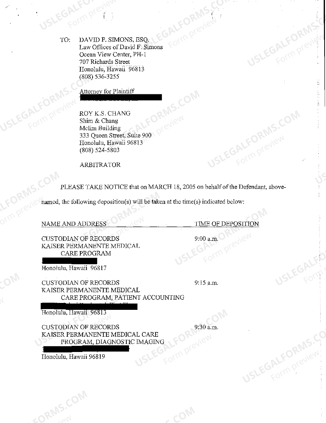 Hawaii Notice of Taking Depositions Upon Written Interrogatories | US ...