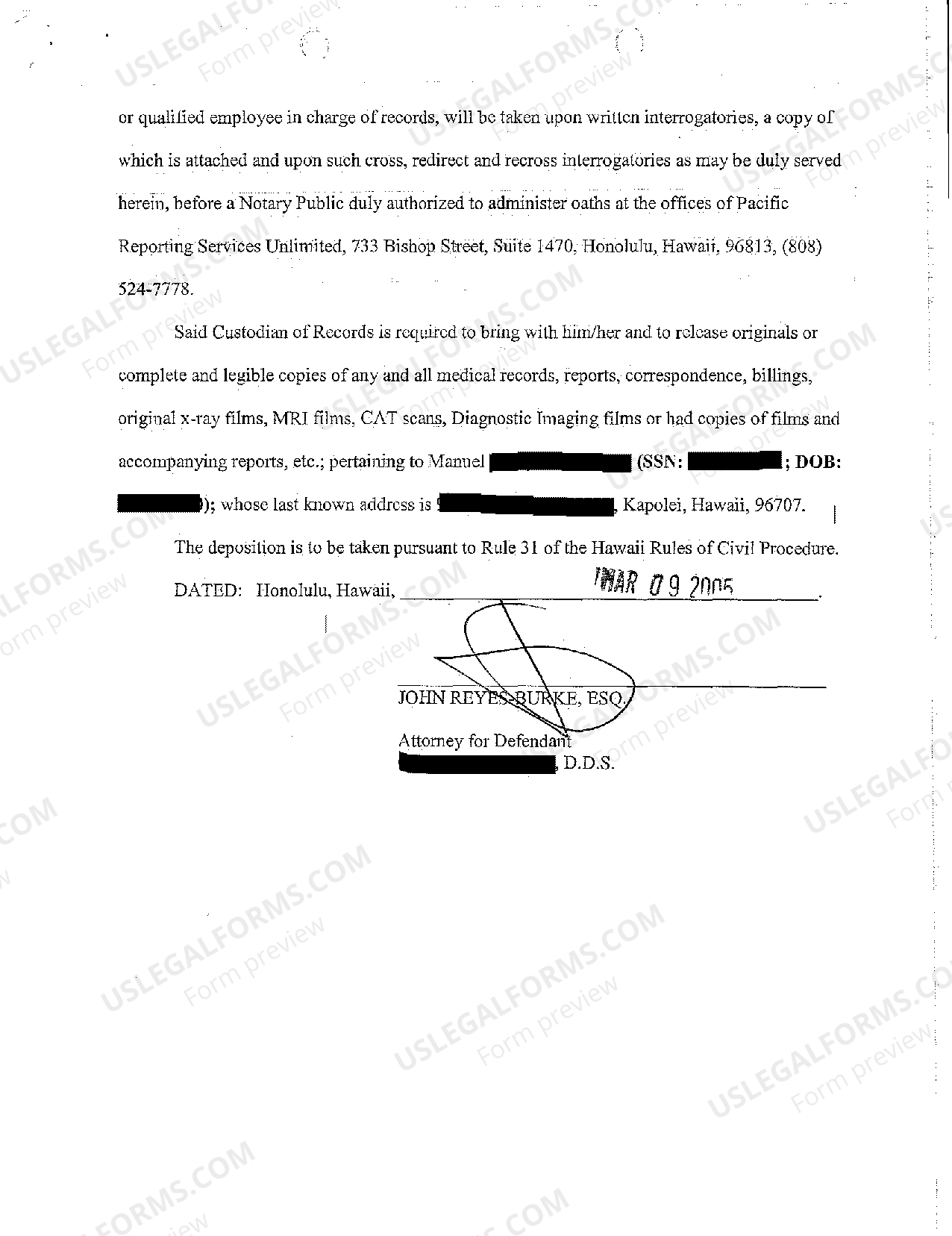 Hawaii Notice of Taking Depositions Upon Written Interrogatories | US ...