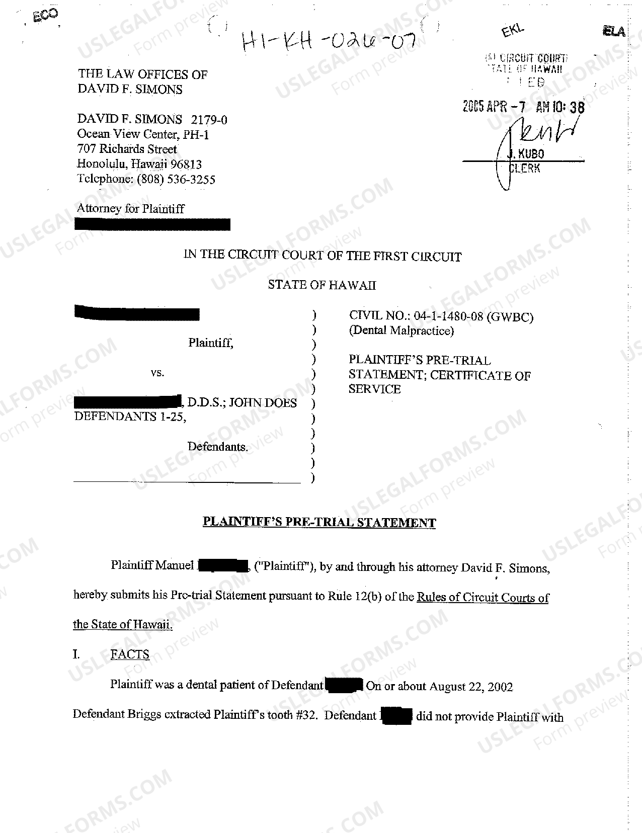 Hawaii Plaintiff's Pretrial Statement | US Legal Forms